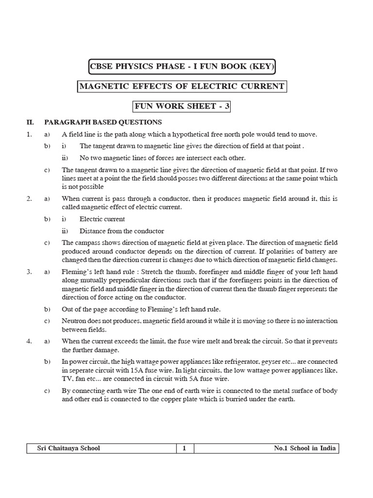 CBSE Physics Phase - I Fun Worksheet - 3 Key (2024-25) | PDF | Magnetic ...