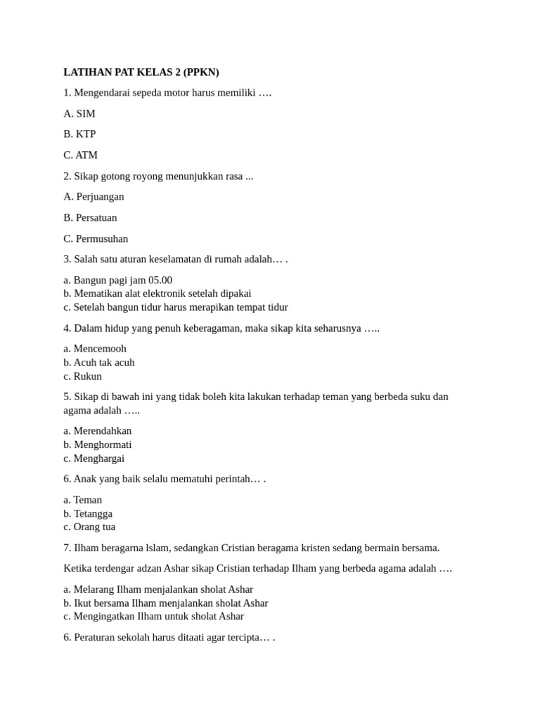 Latihan Pat Kelas 2 Dan Kelas 5 | PDF
