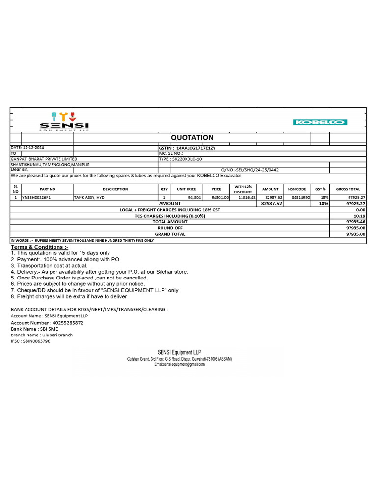 Ganpati Quotation 442 Shantikona 12.12.24 | PDF | Payments | Banking