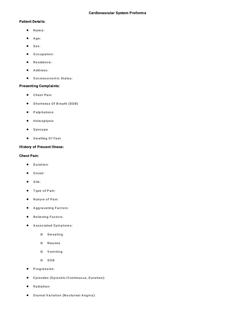 Cardiovascular System Proforma Patient Details:: o o o o | PDF