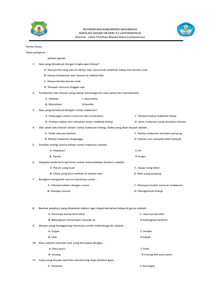 SOAL SAS IPAS KELAS 4 S.1 KURMER | PDF