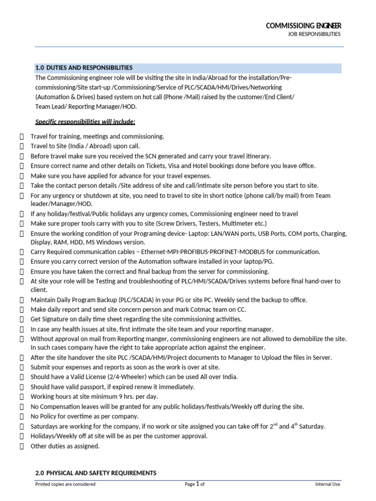 Roles Responsibilites Commissioning Engineer | PDF | Programmable Logic ...