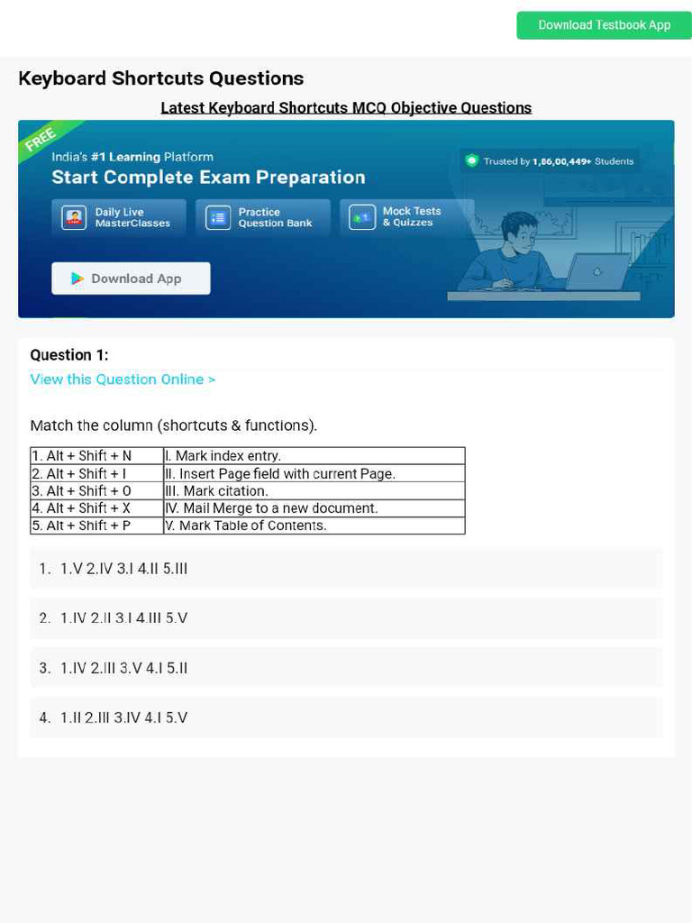 MCQ On Keyboard Shortcuts 5eea6a1639140f30f369f54d PDF | PDF