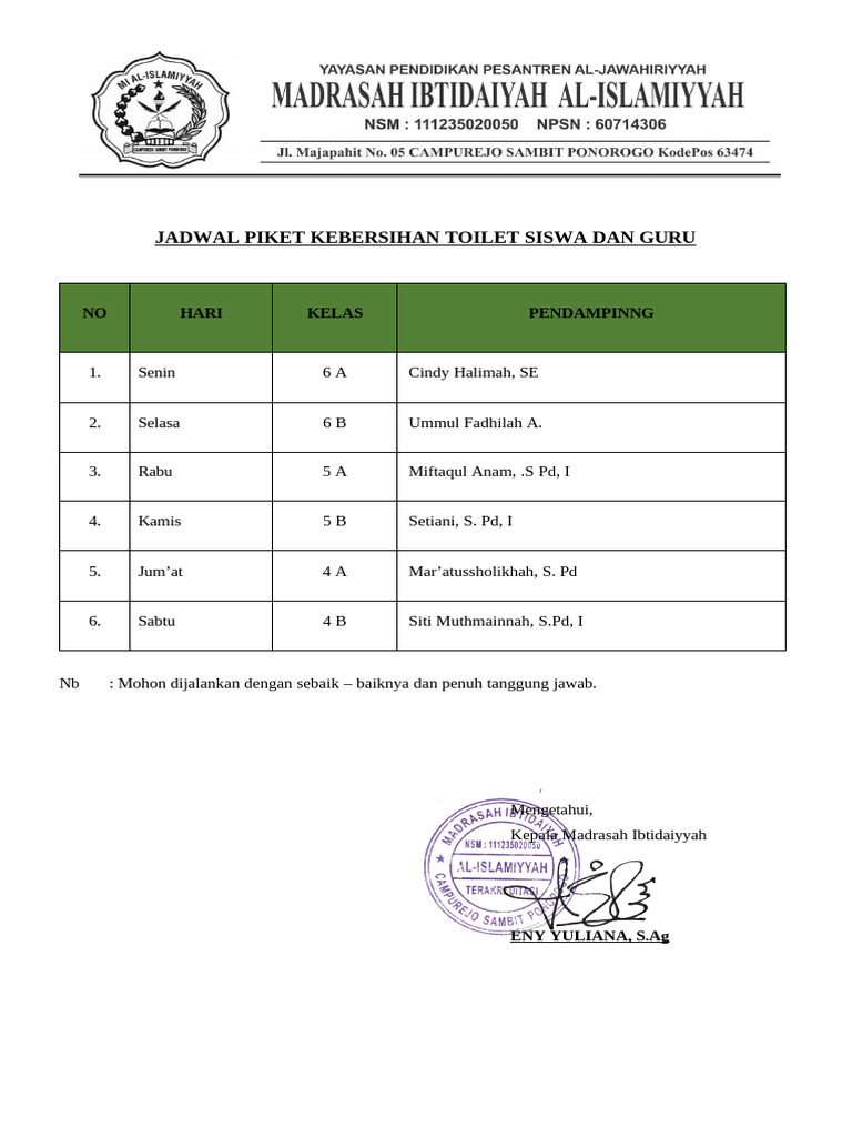 Jadwal Piket Kebersihan Toilet | PDF