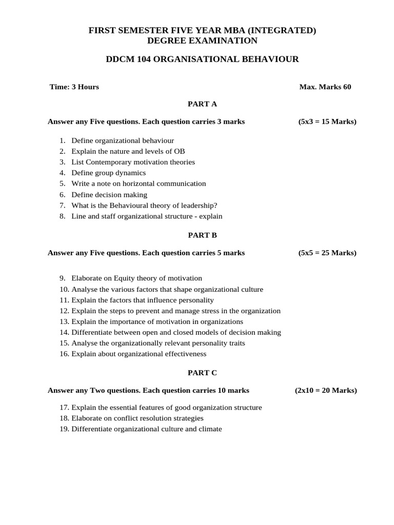 Organisational Behaviour KU DDCM 104 Question Paper 01 2024 | PDF