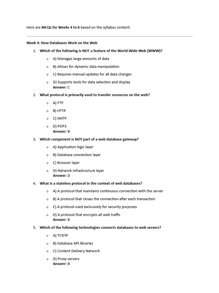 MCQs for Weeks 4 to 6 | PDF | Databases | World Wide Web