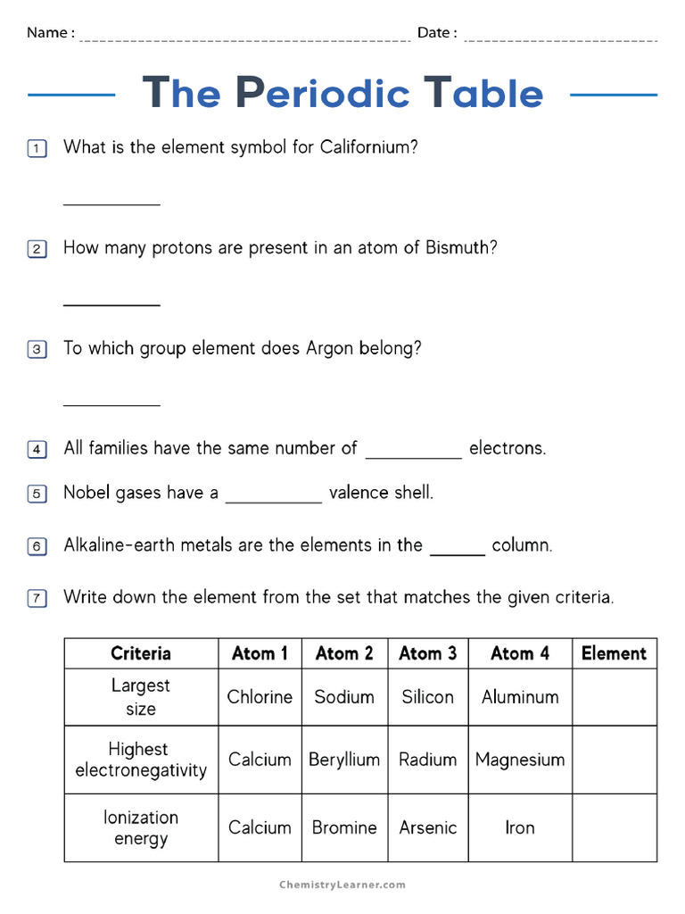 Periodic Table Worksheet With Answer Key | PDF