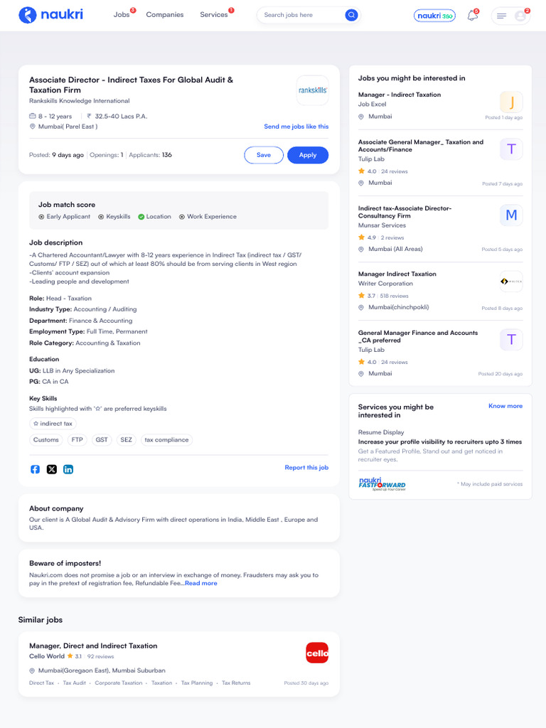 Associate Director - Indirect Taxes For Global Audit & Taxation Firm - Mumbai - Rankskills ...