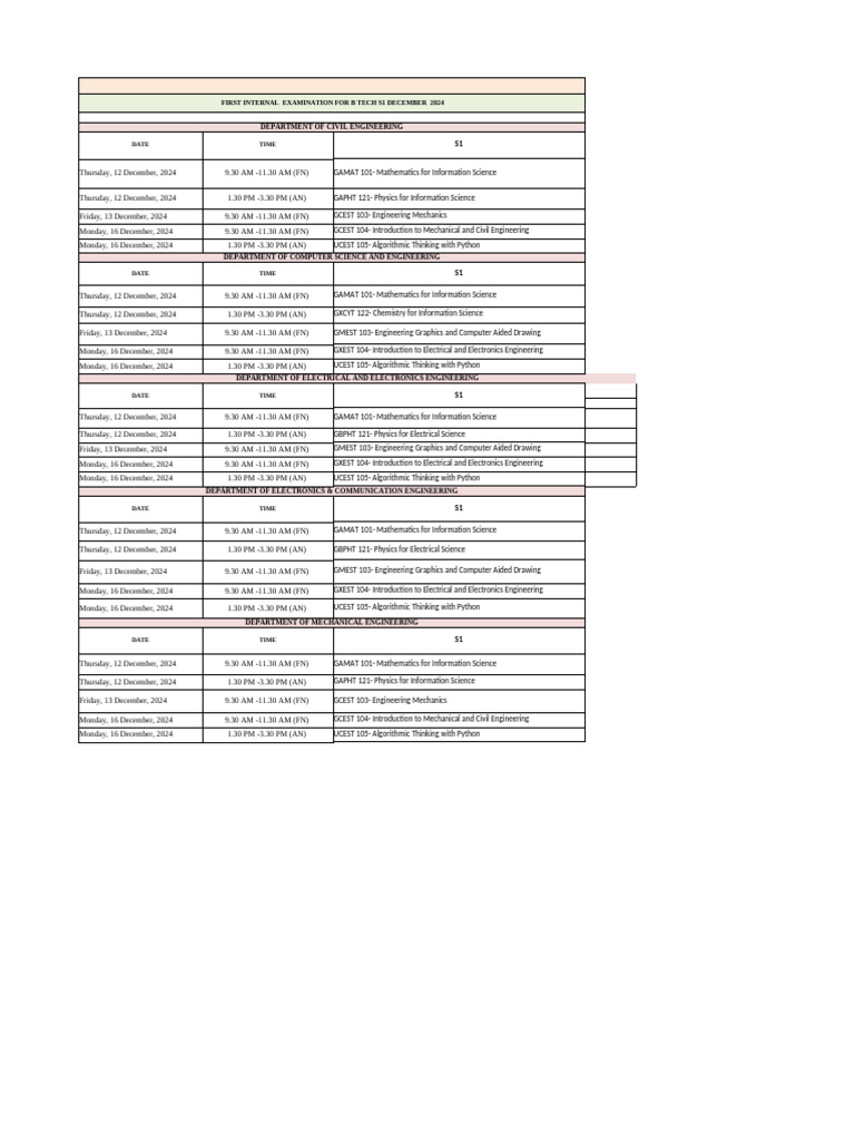 S1 Timetable 24-25 Second Internal | PDF | Engineering | Computer Science