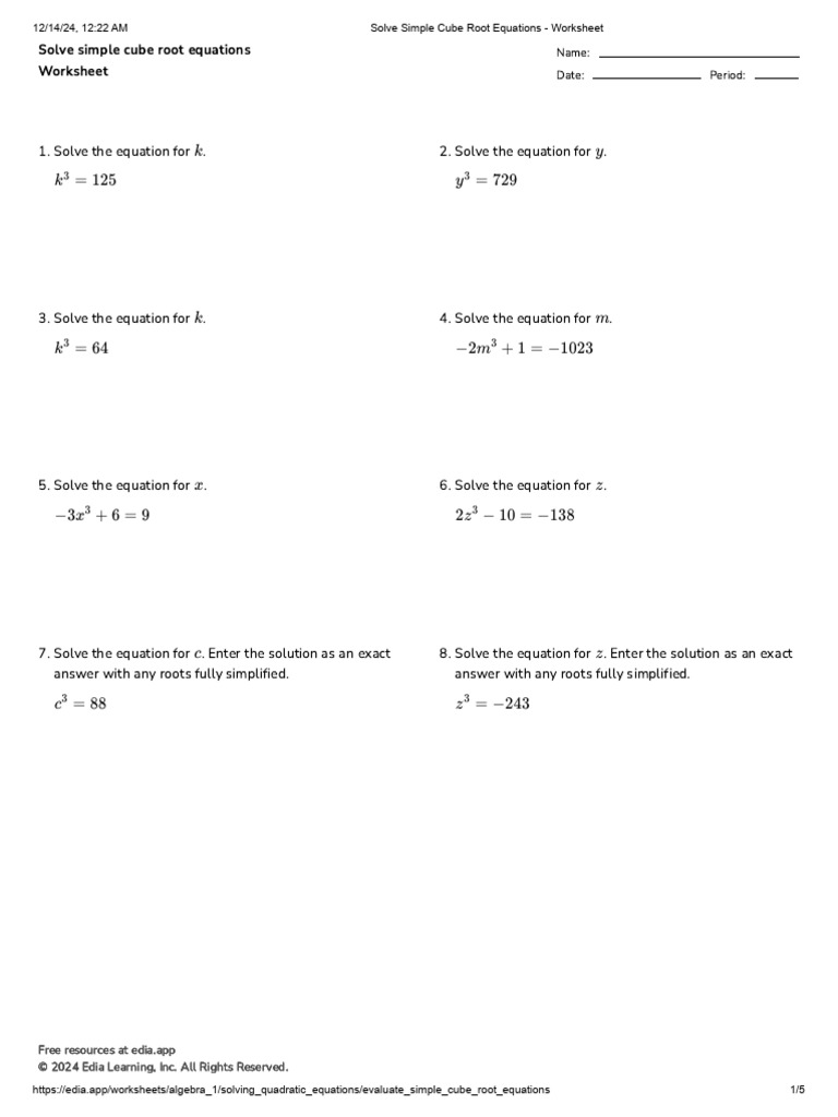 Cube Root Equations Practice Worksheet | PDF | Equations | Mathematical ...