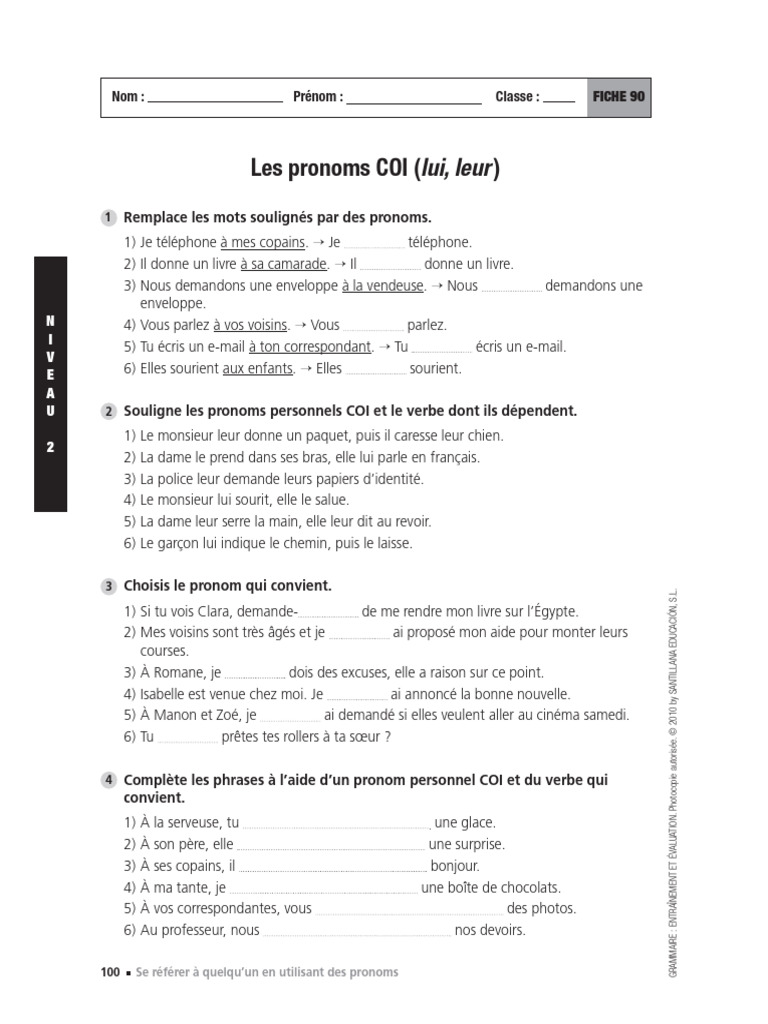 Évaluation des pronoms COI en CM2 | PDF | Complément d'objet | Pronom