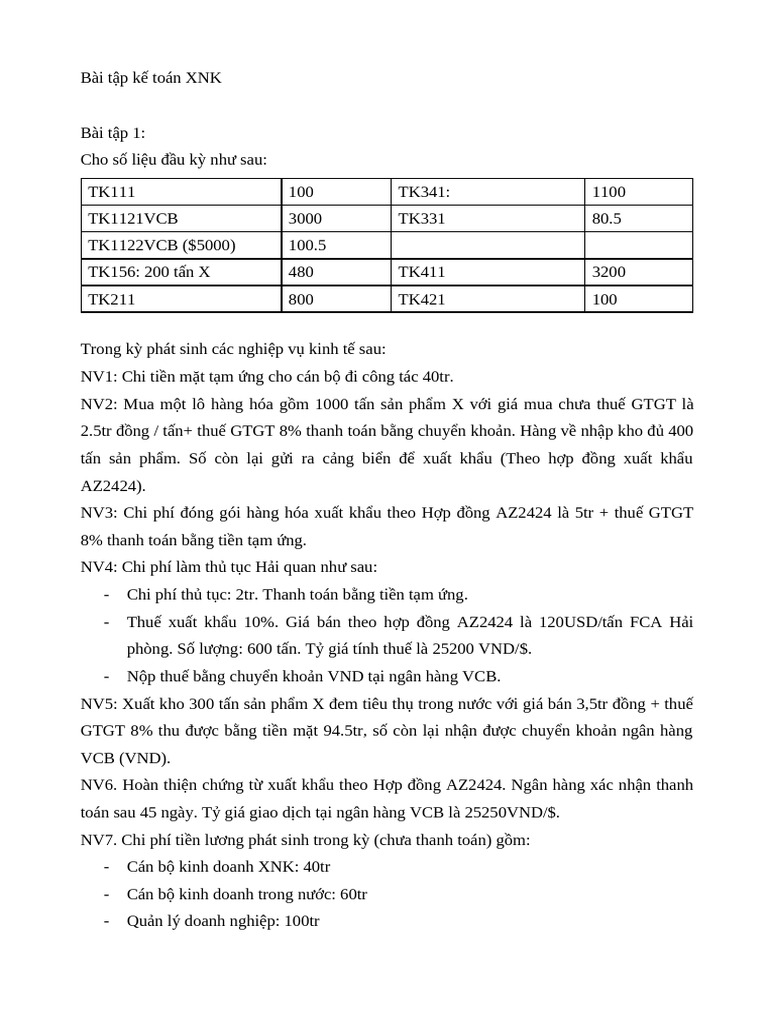 Bài tập kế toán XNK | PDF
