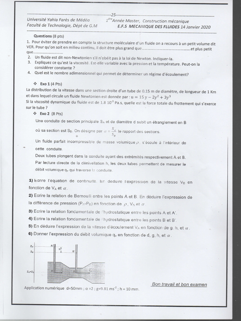 Examen1 Mécanique Des Fluides Appliquée | PDF