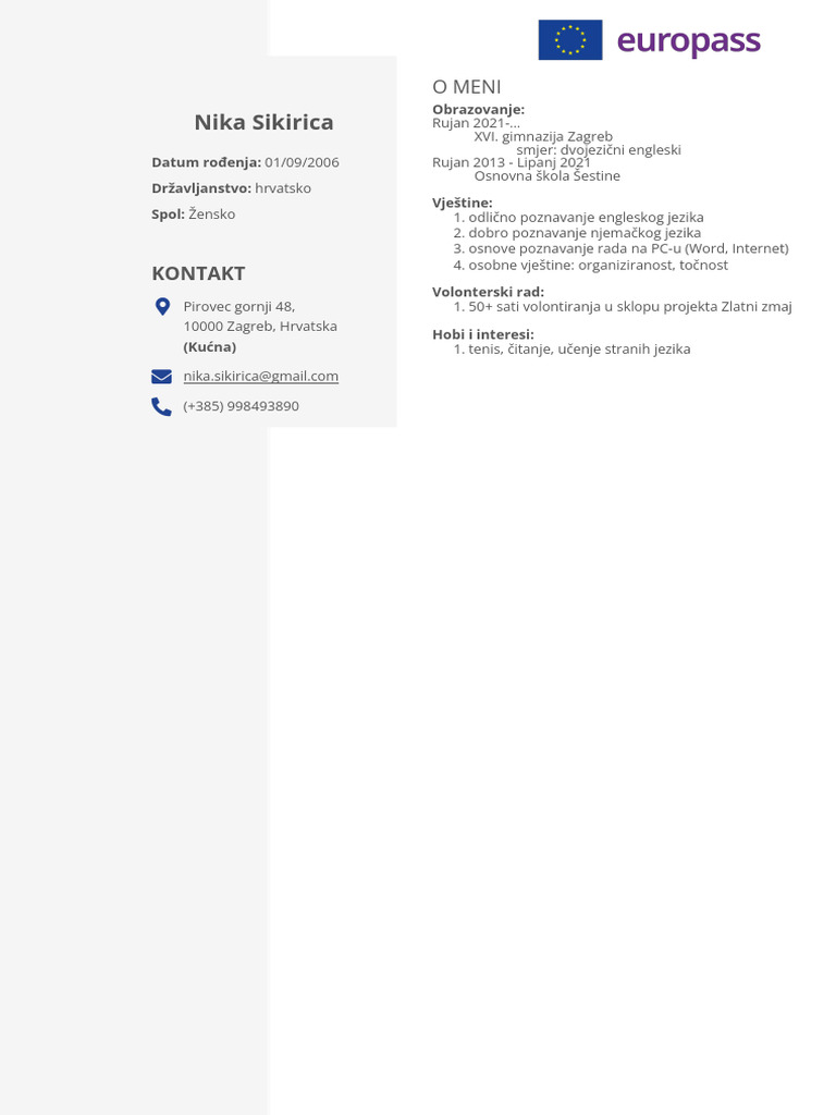 CV - Nika Sikirica 2 | PDF