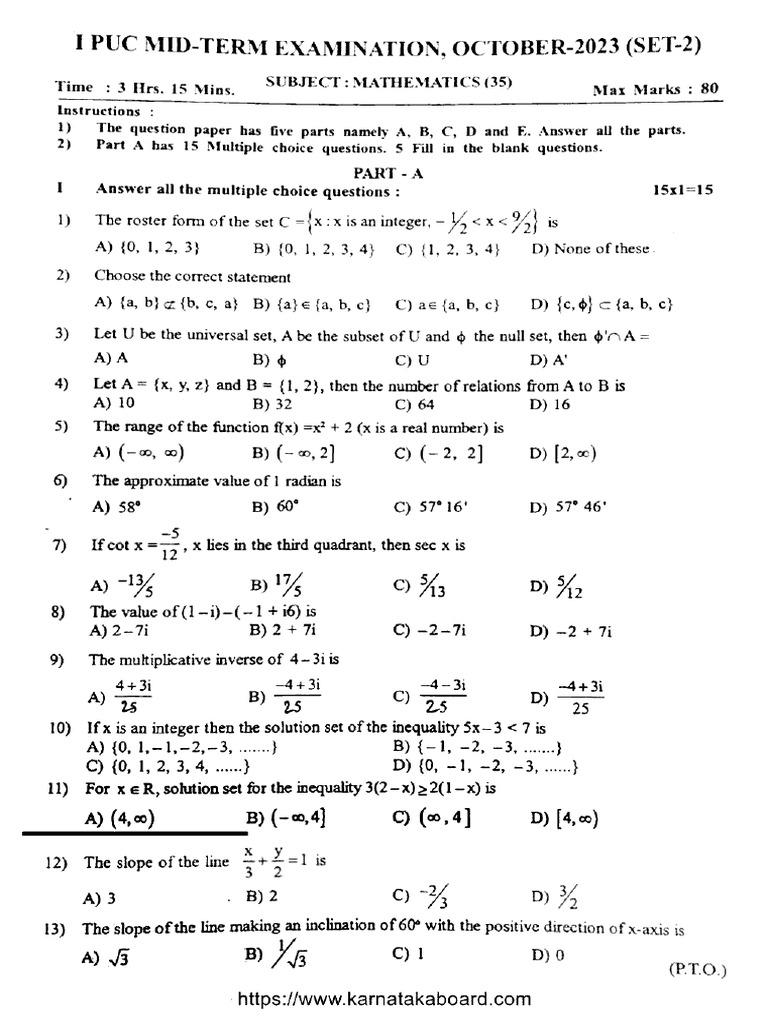 Puc 1 Mid Term Mathematics 35 Set 2 Oct 2023 | PDF
