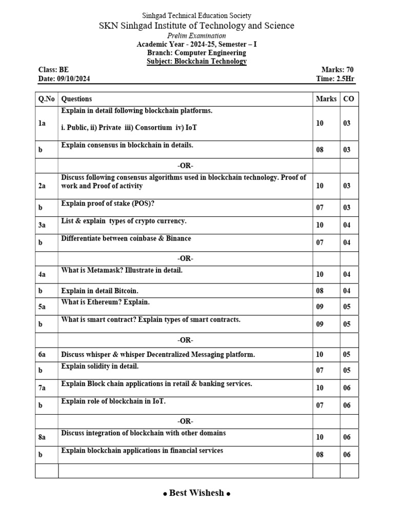 Block Chain Technology Prelim QP | PDF | Application Layer Protocols | Distributed Computing