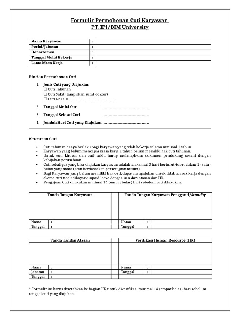 PT IPI BIM University - Formulir Permohonan Cuti Karyawan | PDF