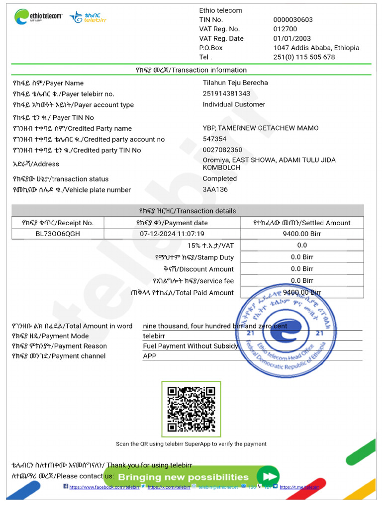 Telebirr - Fuel Payment Without Subsidy | PDF
