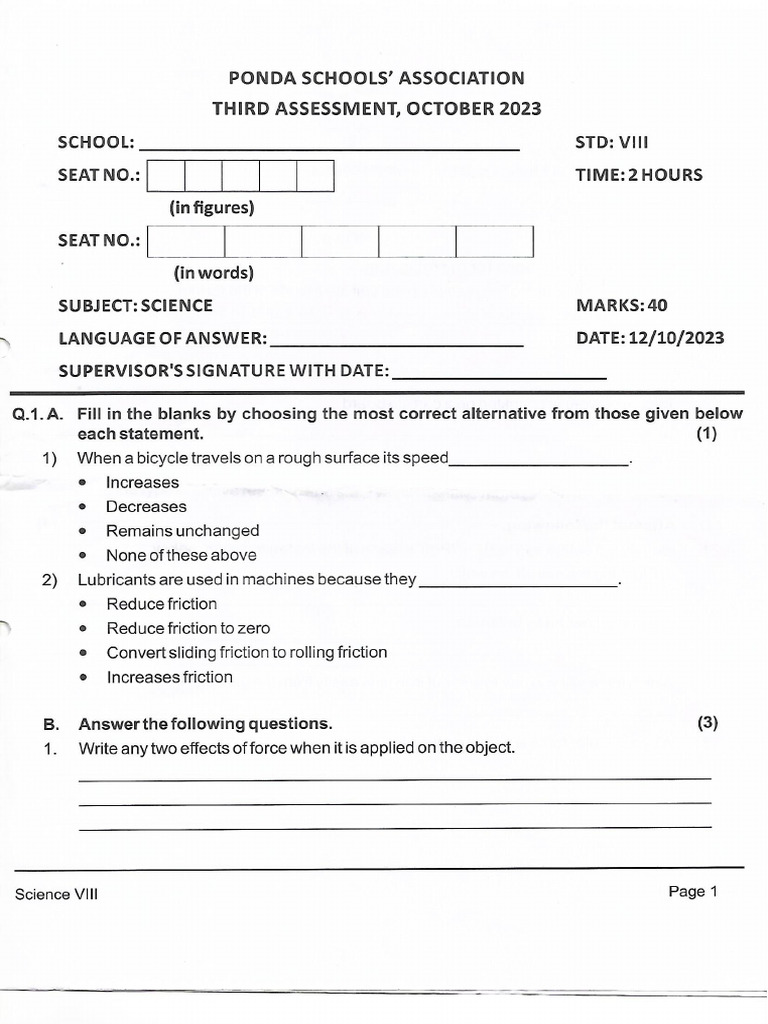 STD VIII SCIENCE First Term Sample Question Paper | PDF