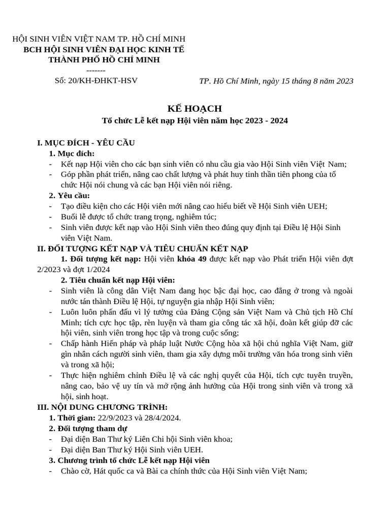 Ke Hoach To Chuc Le Ket Nap Hoi Vien Nam 2023 2024 | PDF