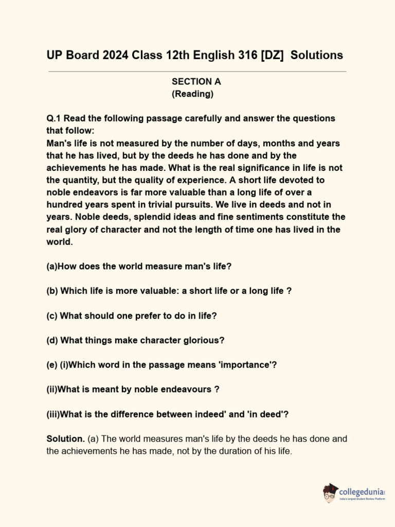 UP Board 2024 Class 12th English 316 DZ Solutions | PDF