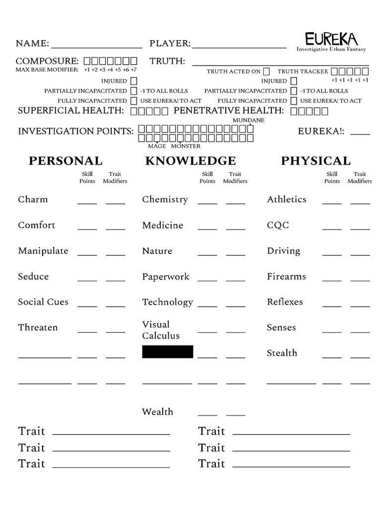 Easy Print Eureka Character Sheet May 16 2024 | PDF
