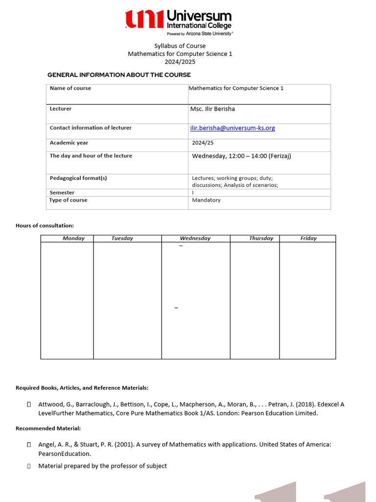 Mathematics for Computer Science Syllabus | PDF | Matrix (Mathematics ...