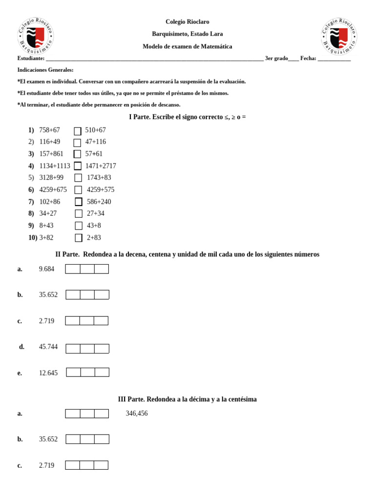 Examen Modelo Matematica 3a | PDF