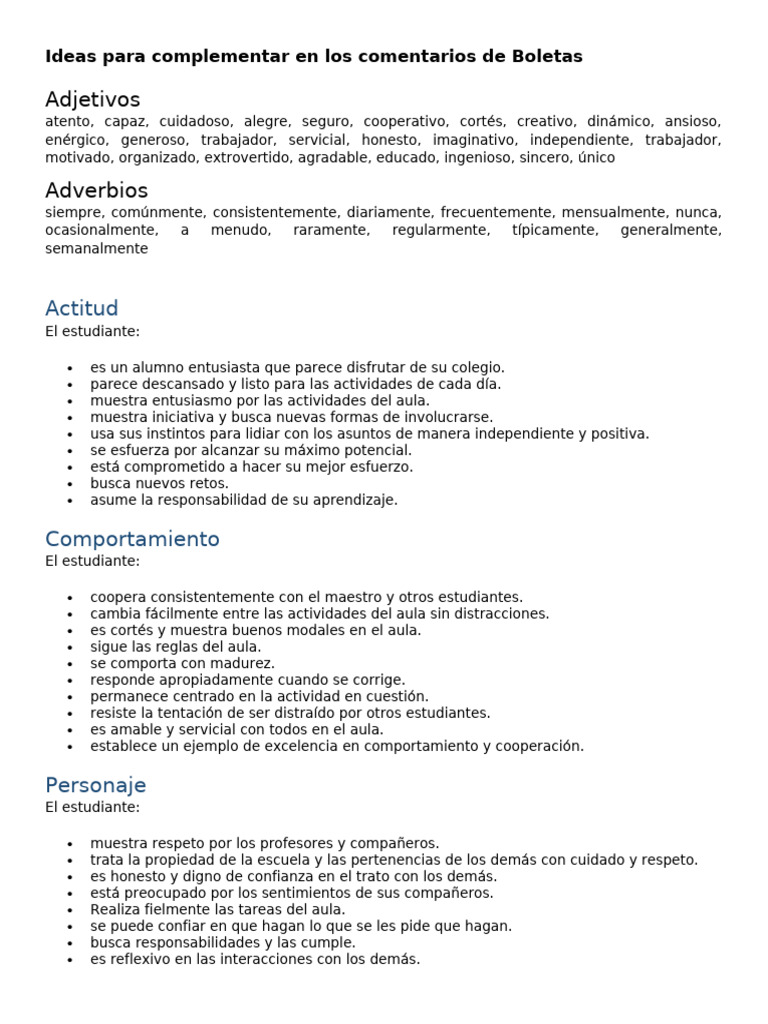 Ideas para Complementar en Los Comentarios de Boletas | PDF | Salón de ...