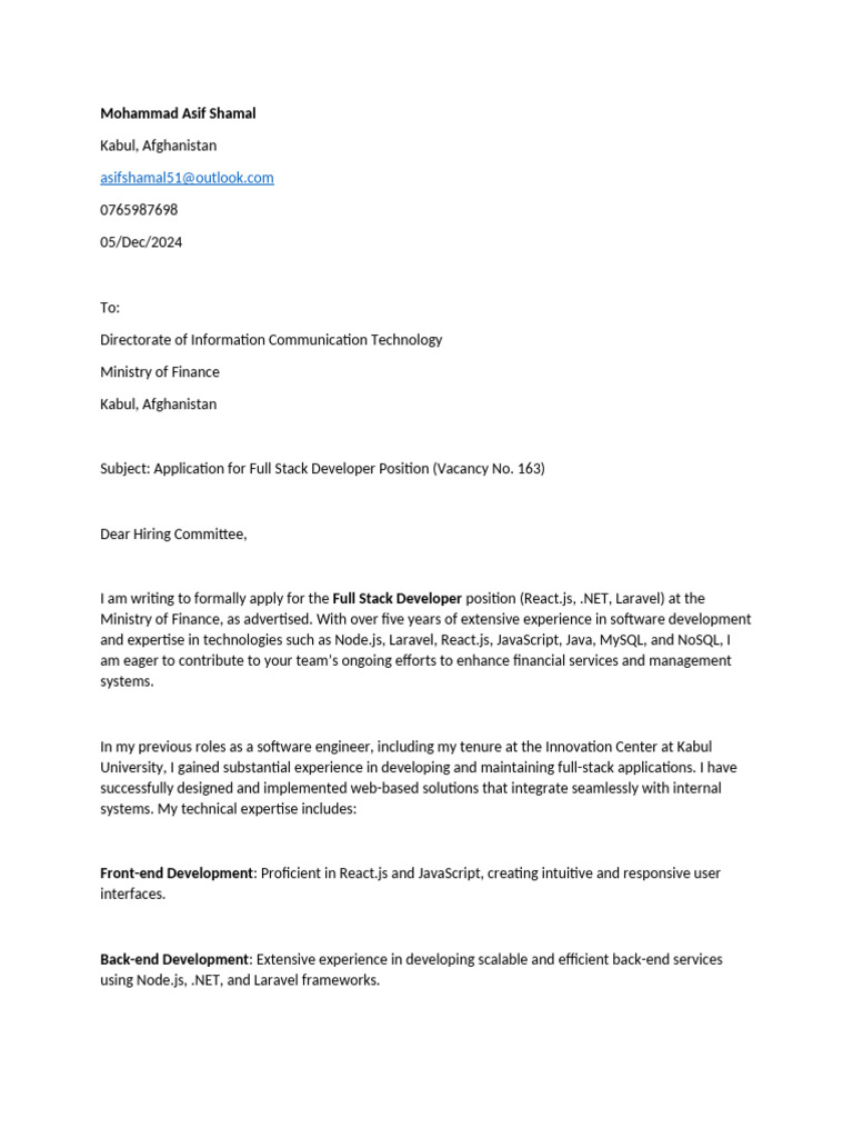 Application Letter-Full Stack Developer | PDF | Software | Databases
