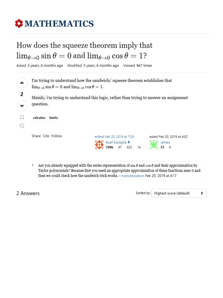 lim to 0 of sin theta by squeeze theorem | PDF | Function (Mathematics ...