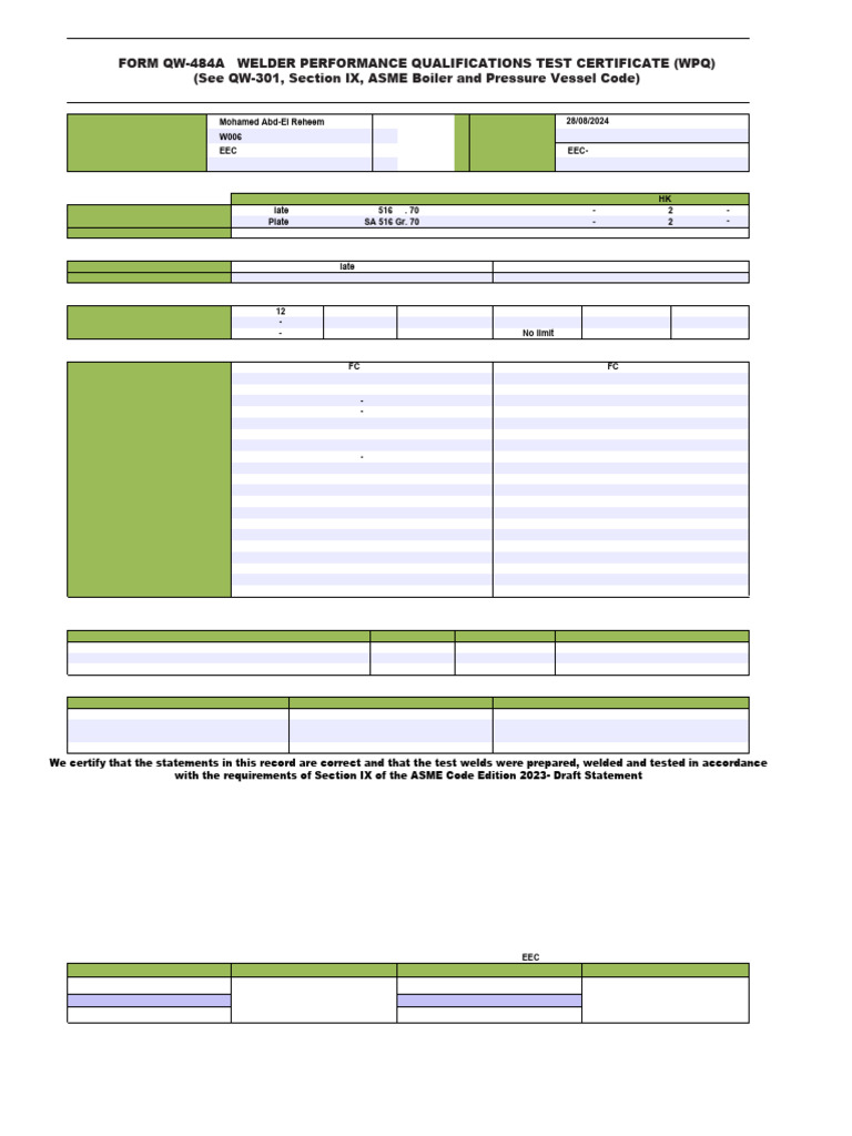 ASME IX - Welder Performance Qualification (WPQ) | PDF | Pipe (Fluid ...
