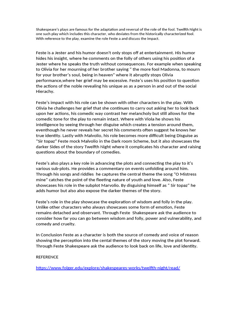 Introduction To Drama Assessment | PDF | Twelfth Night