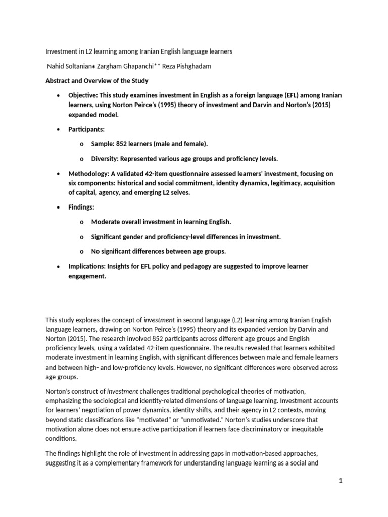 Investment in L2 Learning Among Iranian English Language Learners | PDF ...