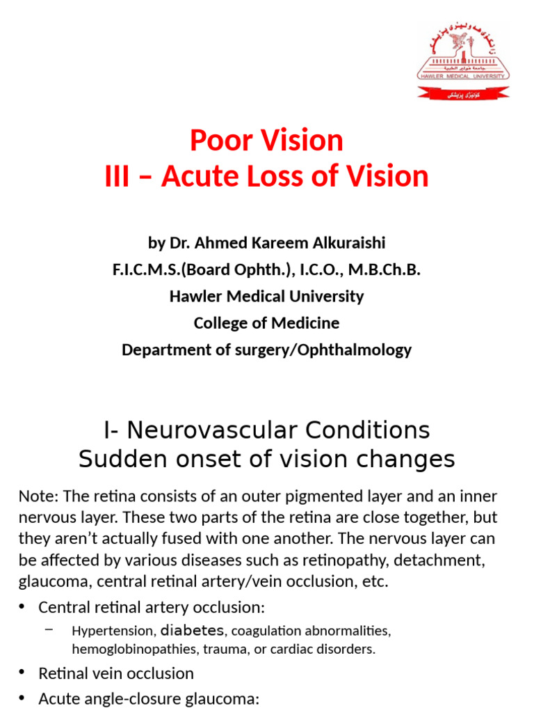 Blurry Vision 2- Acute Loss of Vision | PDF | Retina | Glaucoma