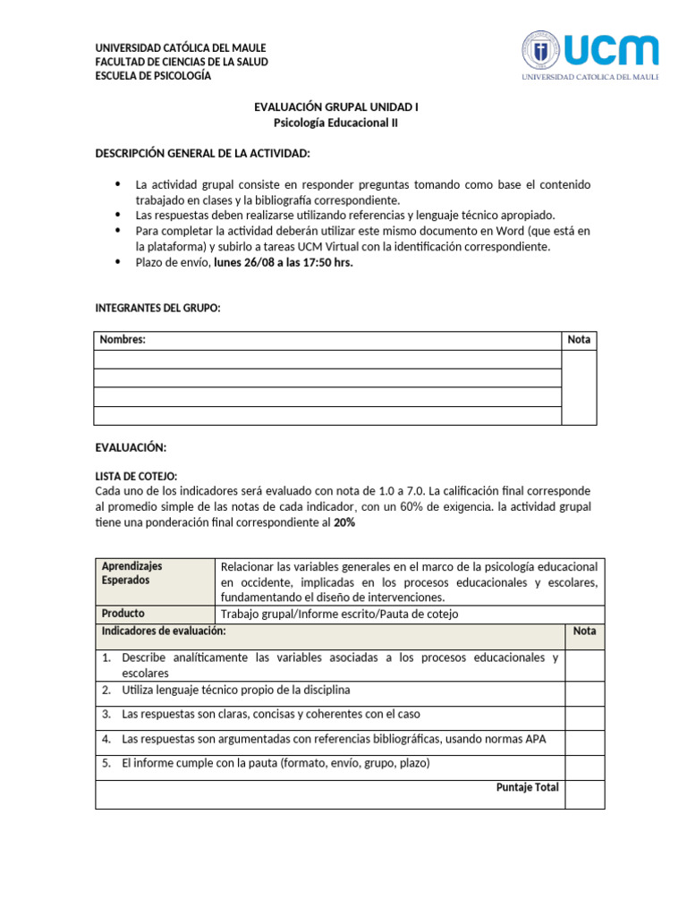EvaluaciÃ N Grupal. Psic. Educ. 2024 | PDF | Sicología | Evaluación