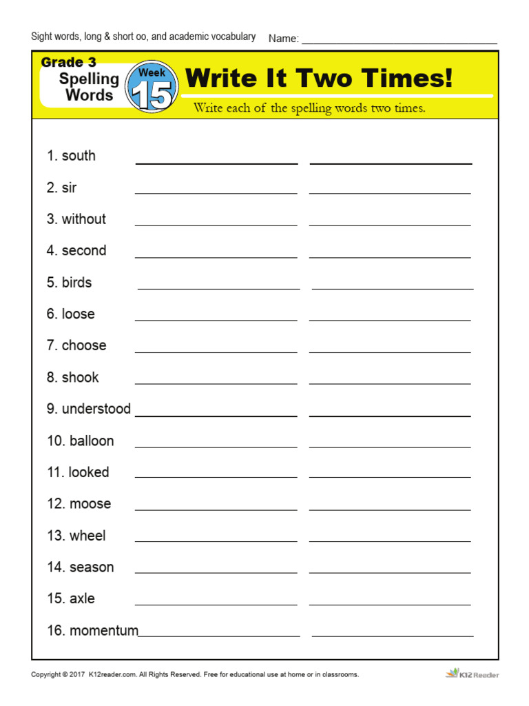Spelling Words Grade 3 Week 15 | PDF