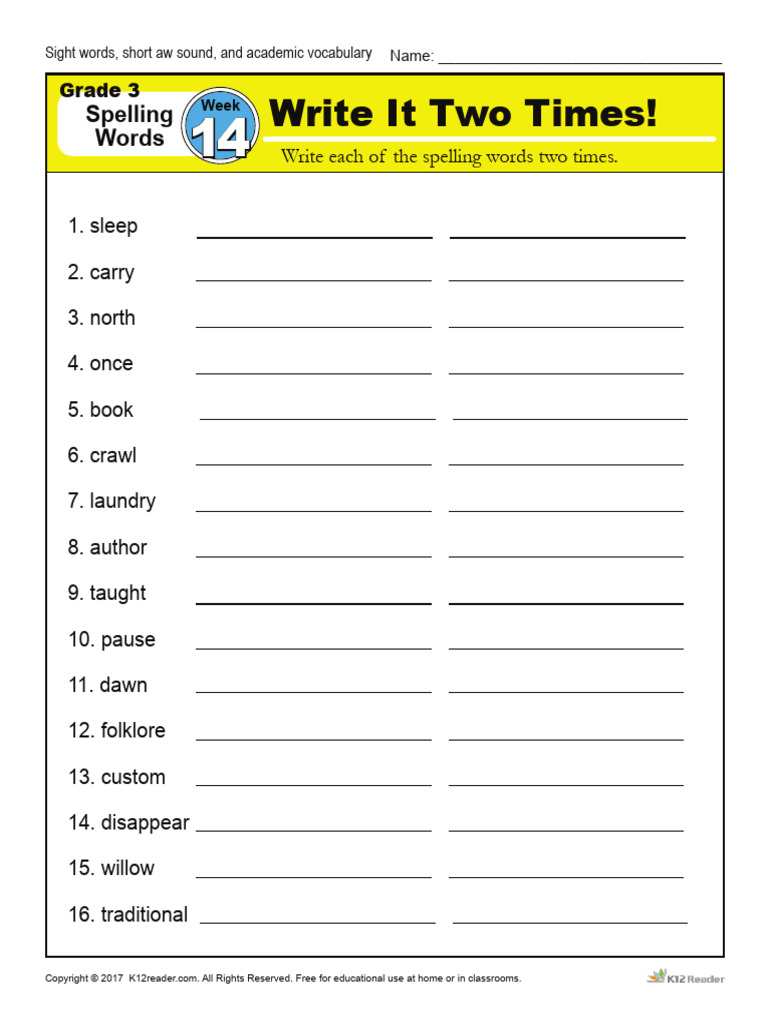 Spelling Words Grade 3 Week 14 | PDF