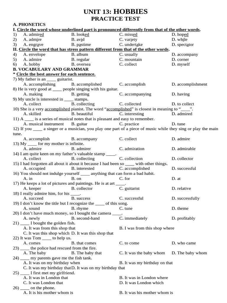 Unit 13 Hobbies Practice Test | PDF | Hobbies | Astronauts