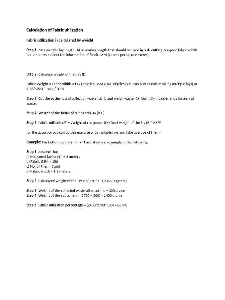 Calculation Of Fabric Utilization Pdf Quantity Units Of Measurement