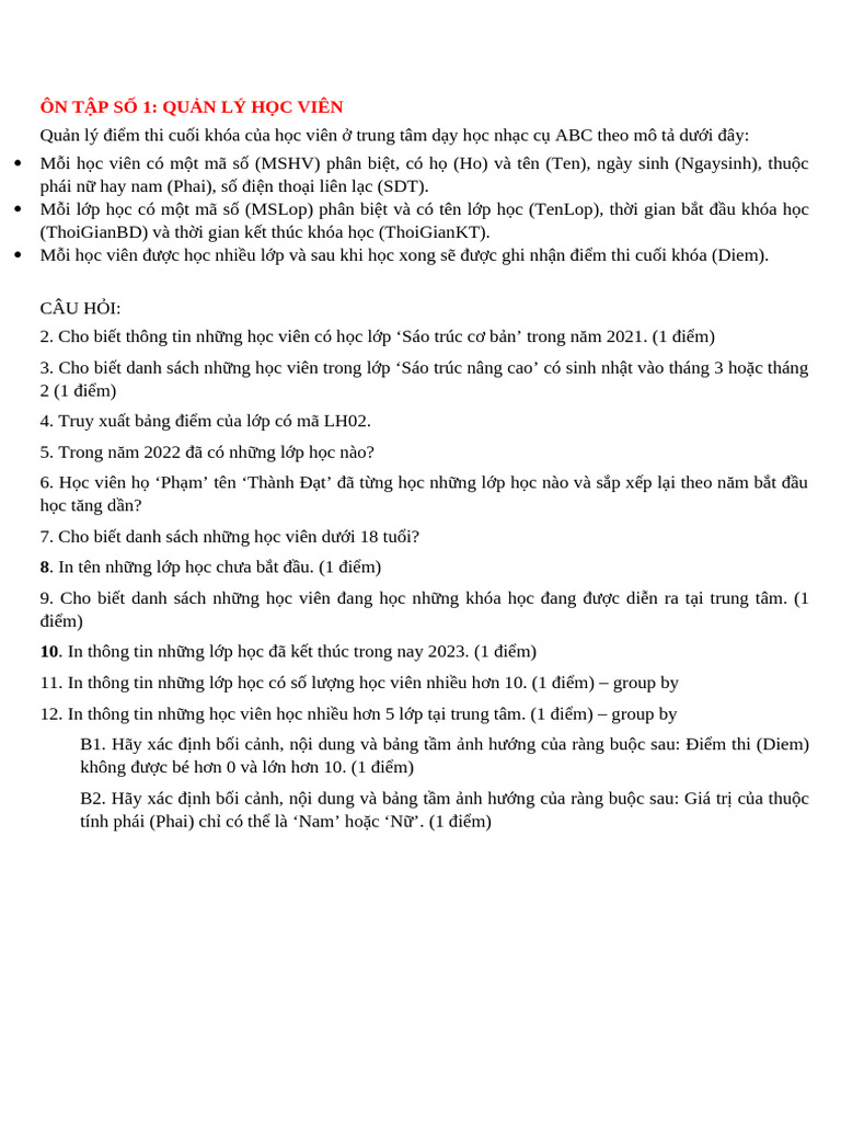 Tong Hop Bai Tap On Tap CSDL | PDF