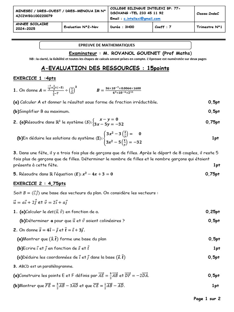Évaluation de Mathématiques 2nde C | PDF | Algèbre générale | Mathématiques
