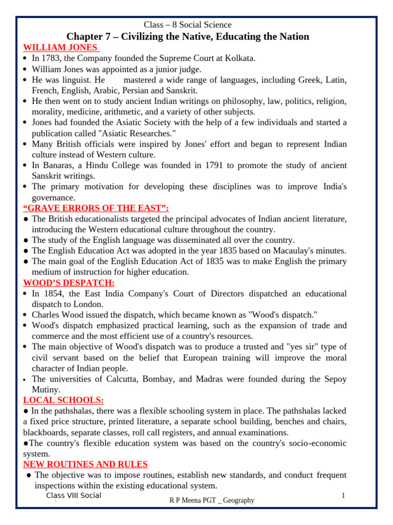 Civilizing the Native: Class 8 Overview | PDF