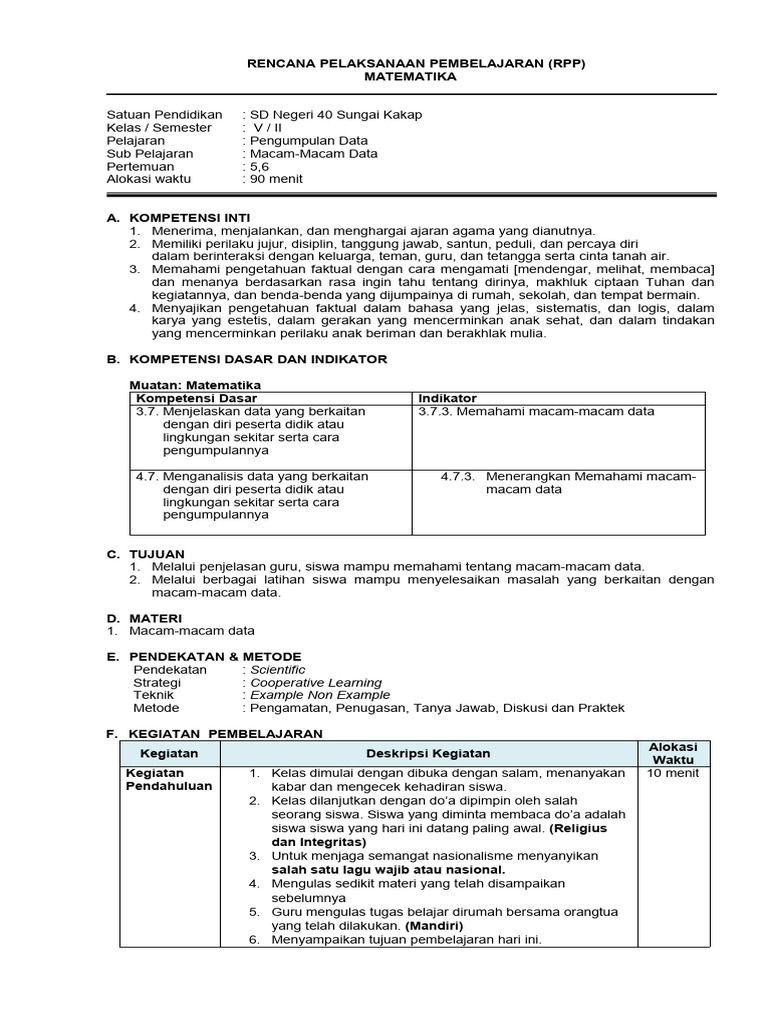 RPP Macam-Macam Data Kelas 5 | PDF