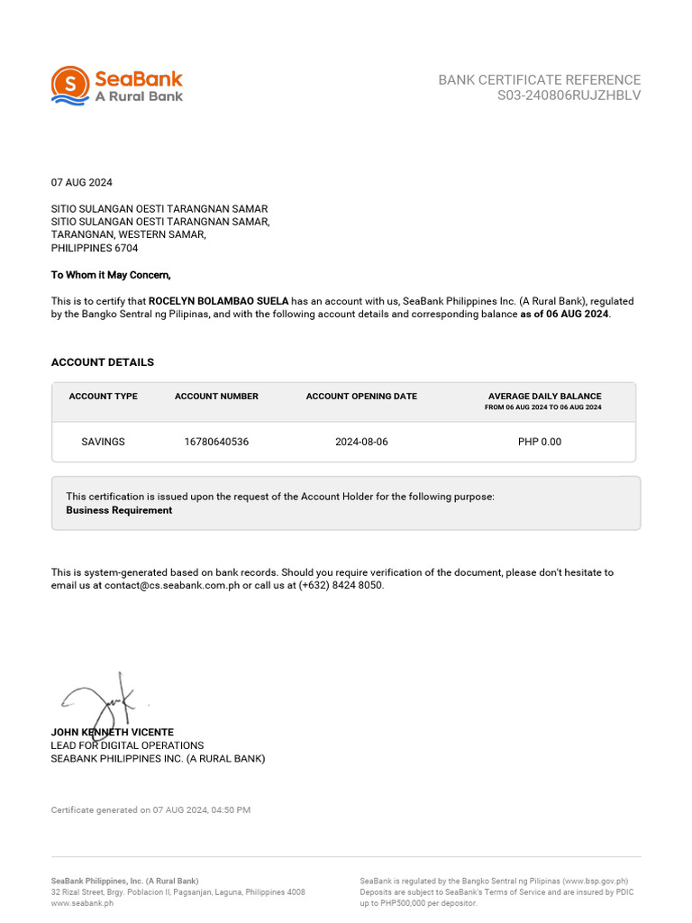 Bank Certificate SeaBankPH 20240807 | PDF