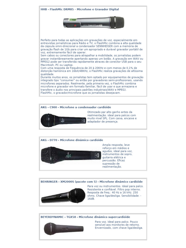 Tipos de Microfones | PDF | Rede elétrica | Engenharia Elétrica