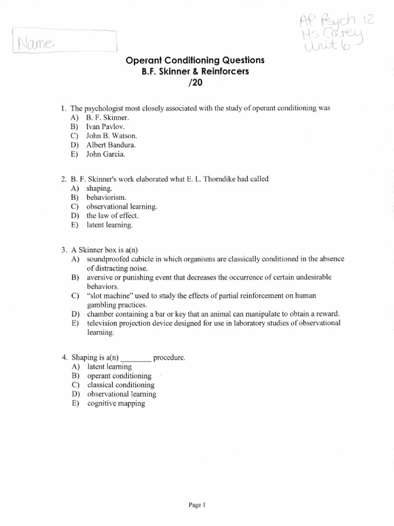 Skinner and Operant Conditioning MC Questions | PDF