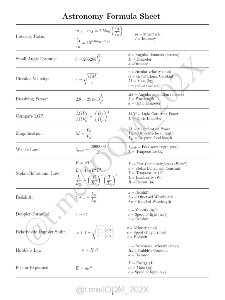 Astronomy Formula Sheet | PDF | Redshift | Apsis