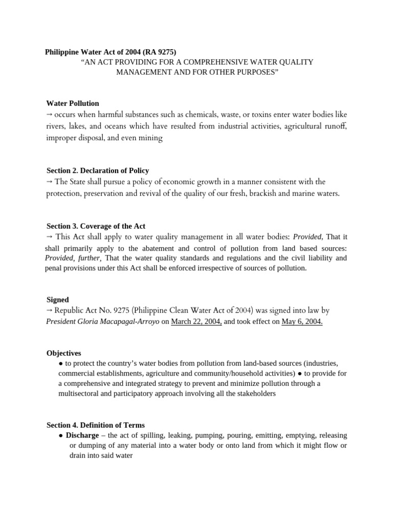 RA 9275 Handout | PDF | Water Quality | Water Pollution
