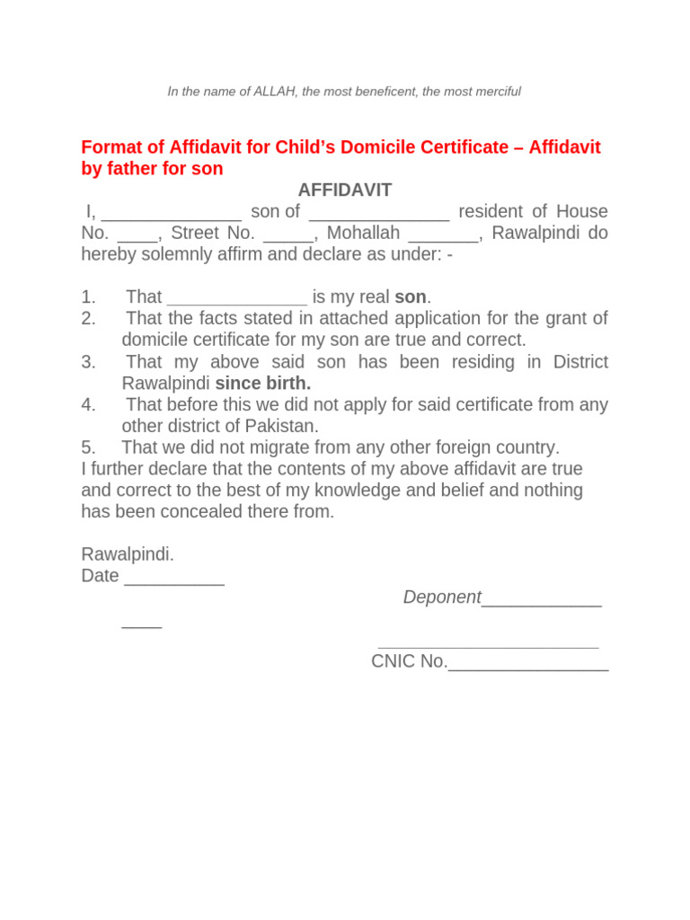 Child Domicile Certificate - Affidavit by Father For Son (Eng) | PDF